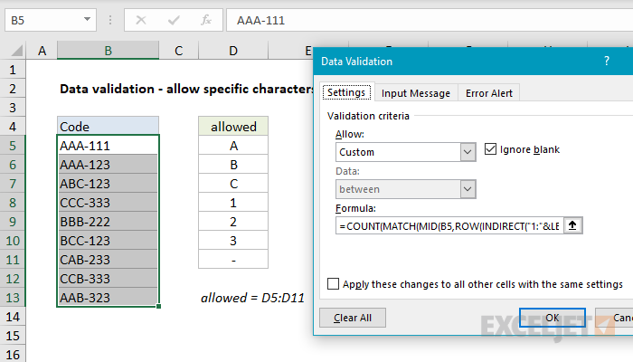 Data validation specific characters only - Excel formula | Exceljet Data validation specific characters only - Excel formula | Exceljet